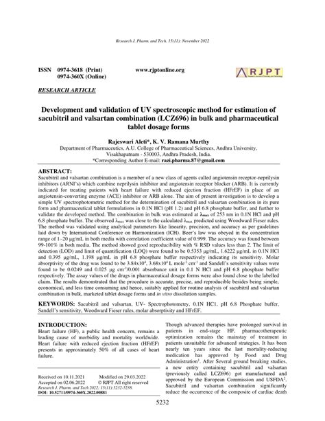 pdf development and validation of uv spectroscopic method for estimation of sacubitril and