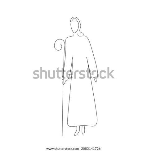 Vektor Stok Jesus Christ Good Shepherd Line Drawing Tanpa Royalti