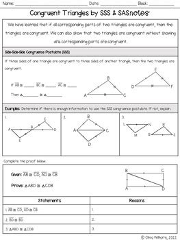 Congruent Triangles By Sss And Sas Notes And Worksheets By Olivia Rae