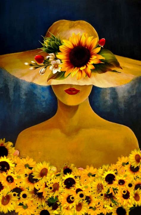 A Painting Of A Woman With Sunflowers In Her Hair And Wearing A Hat