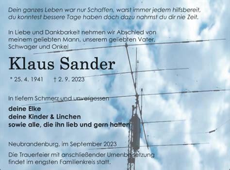 Traueranzeigen Von Klaus Sander Trauer Nordkurier