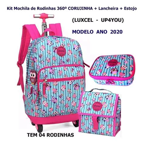 Kit Mochila De Rodinhas 360º Corujinha Lancheira Estojo Frete grátis