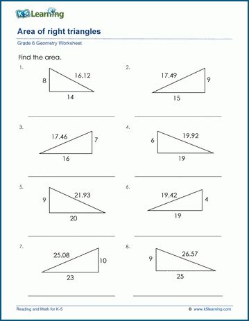 Grade Math Worksheet Geometry Area Of Right Triangles K Learning
