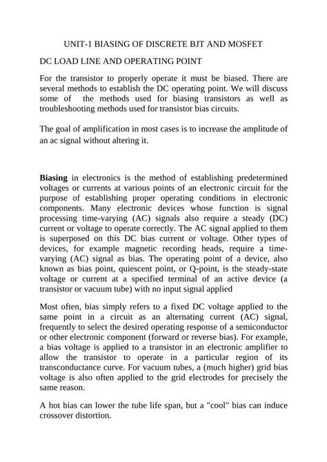 Pdf Unit Biasing Of Discrete Bjt And Mosfet Dc Load Line Fmcet In