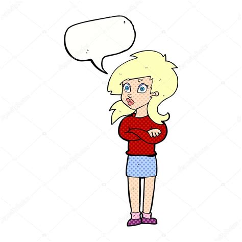 Mujer De Dibujos Animados Con Brazos Cruzados Con Burbuja De Habla