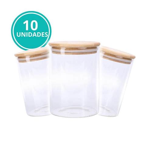 Kit 10 Pote Mantimento Vidro Borossilicato Hermético Tampa Bambu