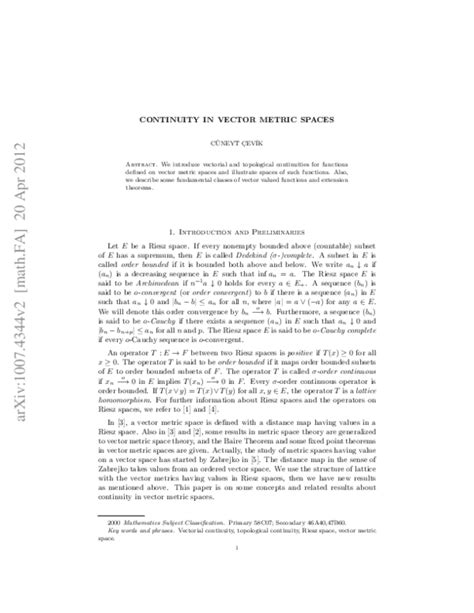 pdf continuity in vector metric spaces cuneyt cevik