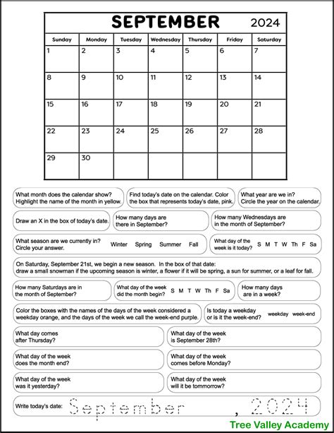 Calendar Worksheets For September 2024 Tree Valley Academy