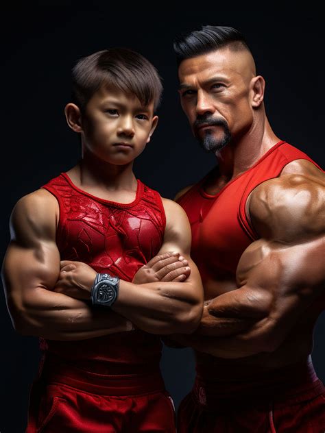 A Father And Son Bodybuilder Team Flexing And Showing Off Wh By