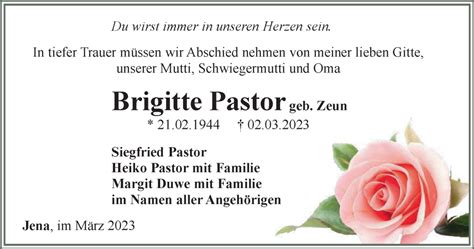 Traueranzeigen Von Brigitte Pastor Trauer In Thueringen De