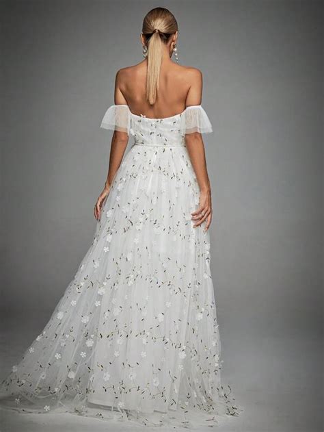 Vestido Maxi De Hombros Descubiertos Aplique Floral Con Malla Moda De