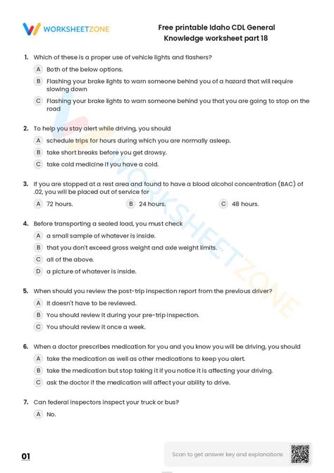 Free Printable Idaho CDL General Knowledge Practice Test Worksheet Zone