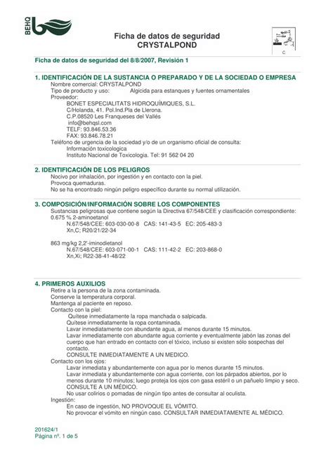 PDF Ficha De Datos De Seguridad CRYSTALPOND Tecnicas Y Seguridad