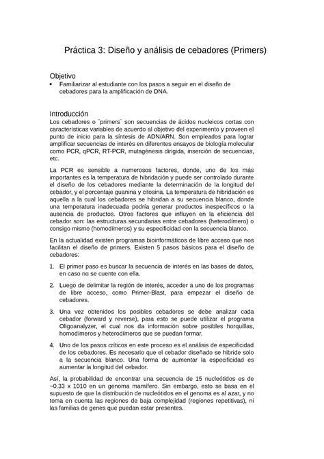Guia 3 Diseño y análisis de cebadores Primers Práctica 3 Diseño