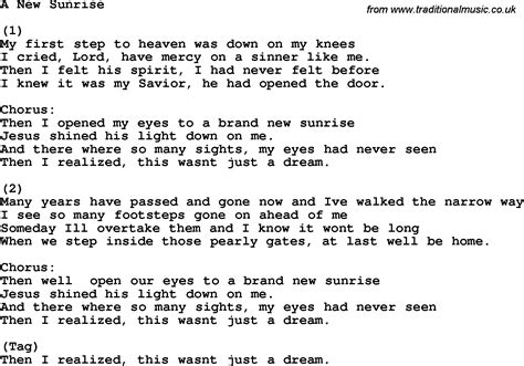 Country Southern And Bluegrass Gospel Song A New Sunrise Lyrics