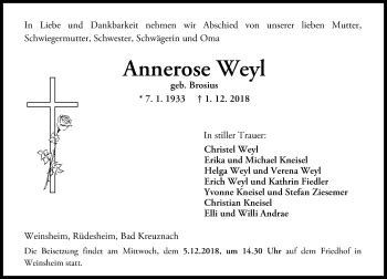 Traueranzeigen Von Annerose Weyl Rz Trauer De