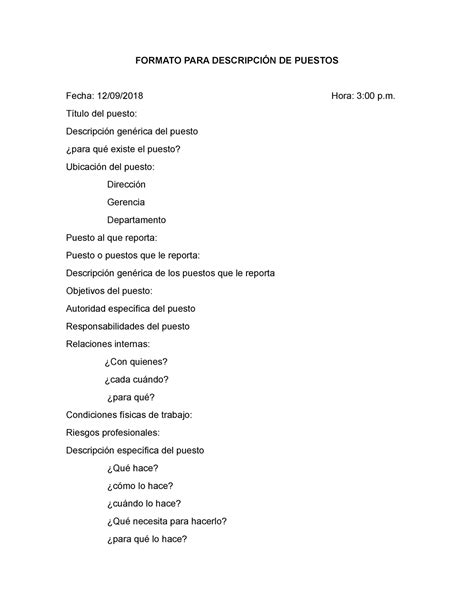 Formato PARA Descripción DE Puestos FORMATO PARA DESCRIPCIÓN DE