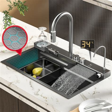 Waterfall Kitchen Sink Basin Large Single Slot Digital Display