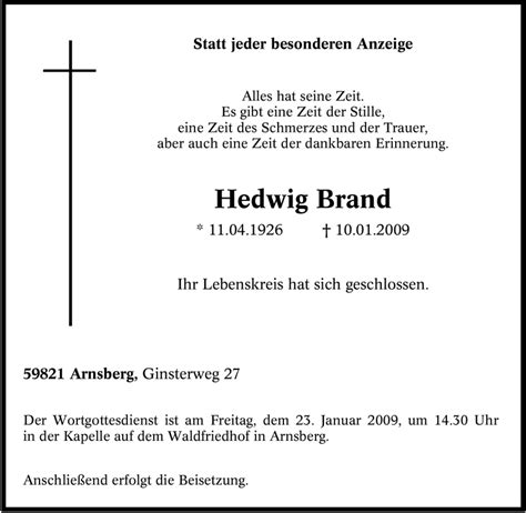 Trauer Und Todesanzeigen Von Hedwig Brand Trauer De