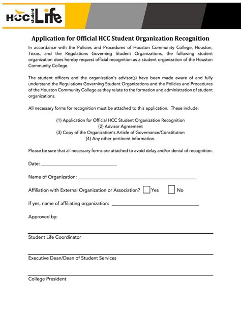 HCC Application For Official HCC Student Organization Recognition 2019