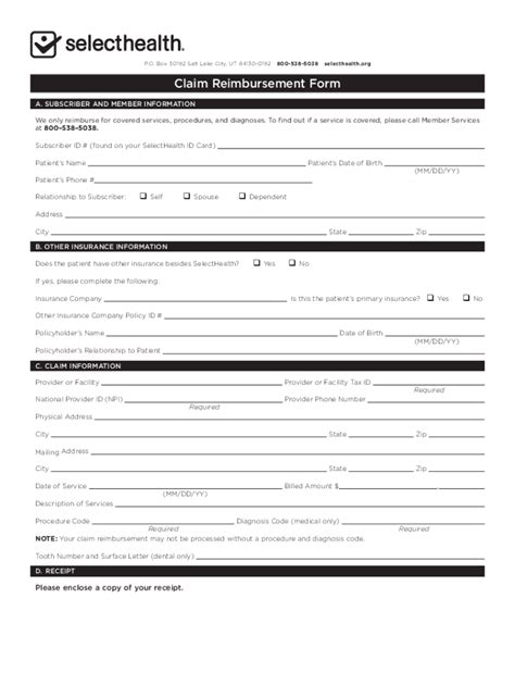 Fillable Online SelectHealth Medical Claim Reimbursement Form Fax