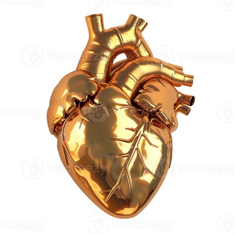 AI Generated Golden Human Heart Made Of Foil On Transparent Background