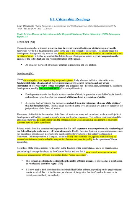 EU Citizenship Readings EU Citizenship Readings Essay Q Example