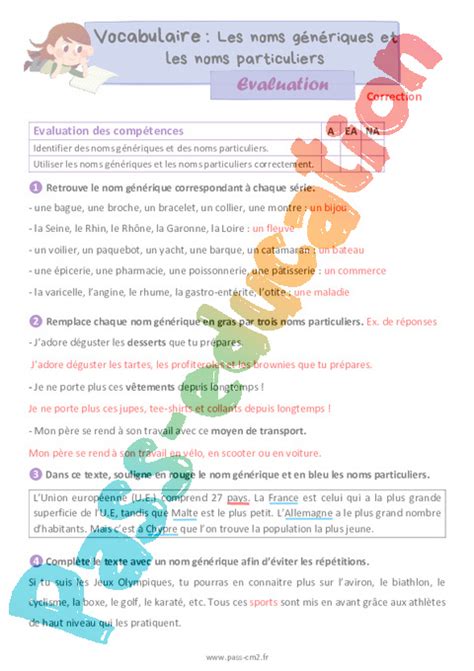 Les noms génériques et les noms particuliers Évaluation de