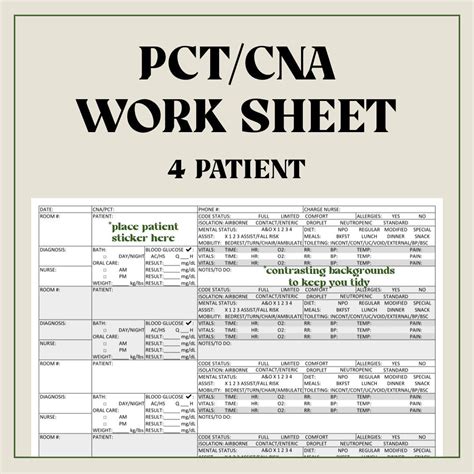 Cna Pct Work Sheet Etsy