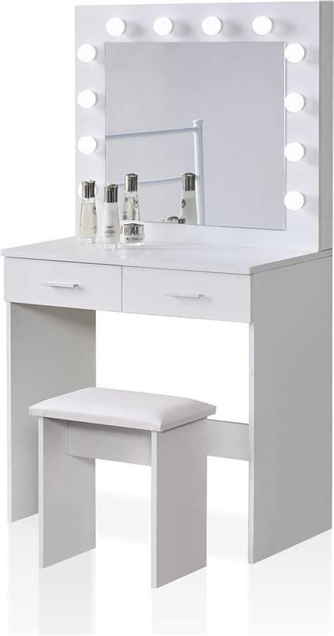 TUKAILAi White Dressing Table Set With Adjustable 3 Color LED Lights