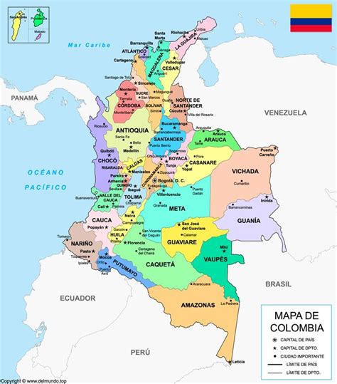 Mapa de Colombia Político y físico Con sus departamentos y capitales