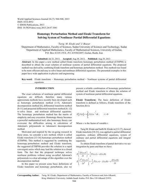 pdf homotopy perturbation method and elzaki transform for solving system of nonlinear partial