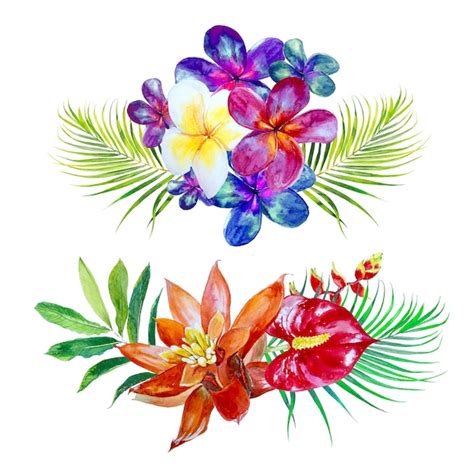 Premium Photo Watercolor Tropical Flowers Bouquet Clipart Set Exotic