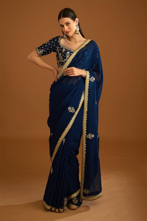 Buy Blue Dupion Silk Embroidered Zardozi Leaf Neck Work Saree With
