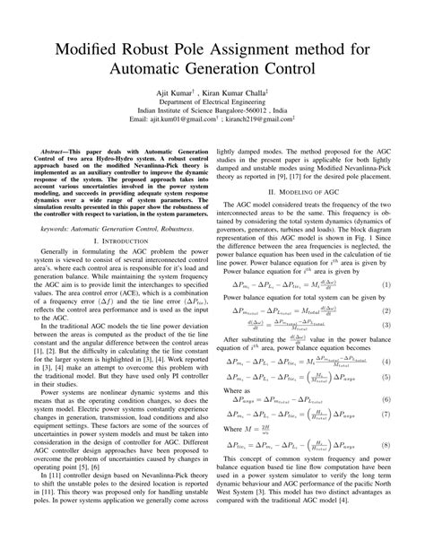 pdf modified robust pole assignment controller design for automatic generation control