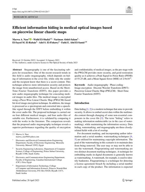 pdf efficient information hiding in medical optical images based on piecewise linear chaotic maps