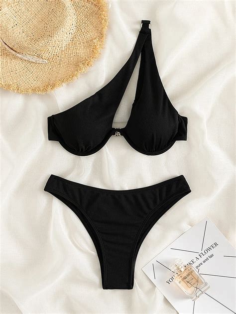 Conjunto De Bikini Acanalado Sujetador Con Aros De Un Hombro Y Bottom