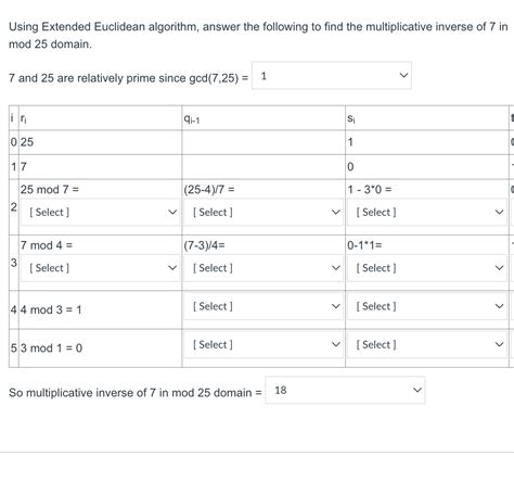 solved using extended euclidean algorithm answer the