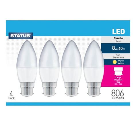 4 X Status 8w LED Candle Bulbs 806 Lumens Warm White B22
