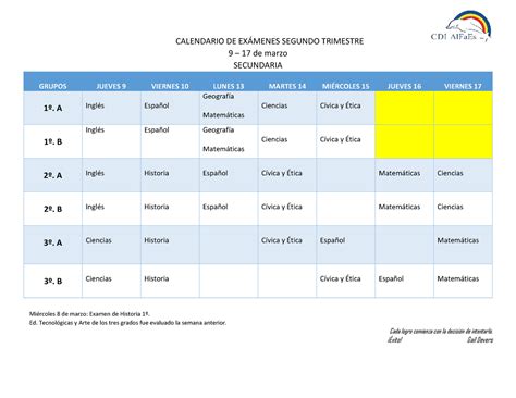 Calendario DE EXÁ Menes Segundo Trimestre CALENDARIO DE EXÁMENES