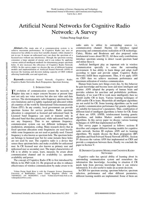 artificial neural networks for cognitive radio network a survey pdf cognitive radio radio