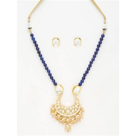 Buy RUBY RAANG STUDIO Gold Toned White Kundan Blue Beaded Handcrafted