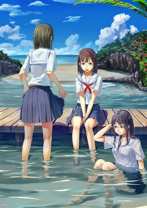 The Big Imageboard Tbib Akino Komichi Barefoot Beach Black Hair Blue Eyes Brown Hair Day