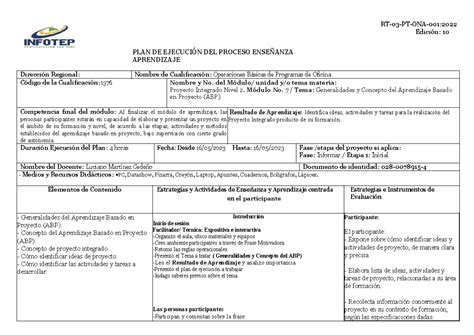 Plan de Ejecucion ABP PLAN DE EJECUCIÓN DEL PROCESO ENSEÑANZA