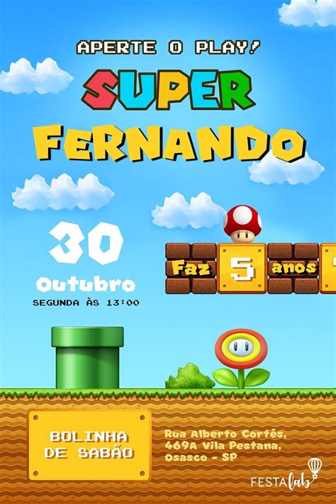 Criar convite de aniversário Convite Mario Bros FestaLab