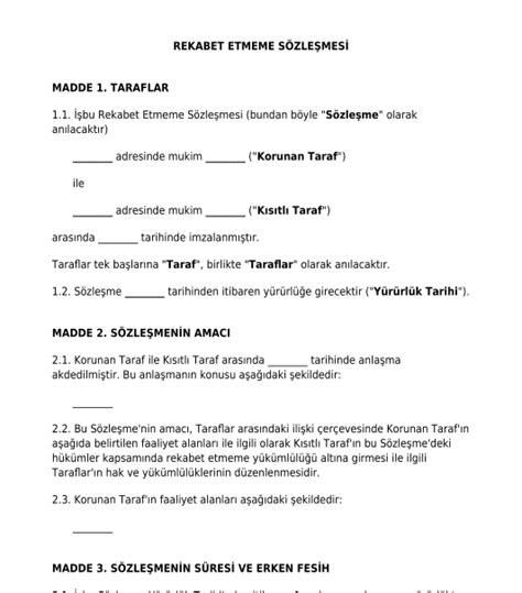 Rekabet Etmeme S Zle Mesi Rnek Ablon Word Ve Pdf