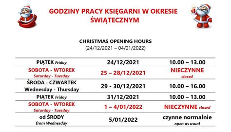 Harmonogram pracy księgarni w okresie świątecznym