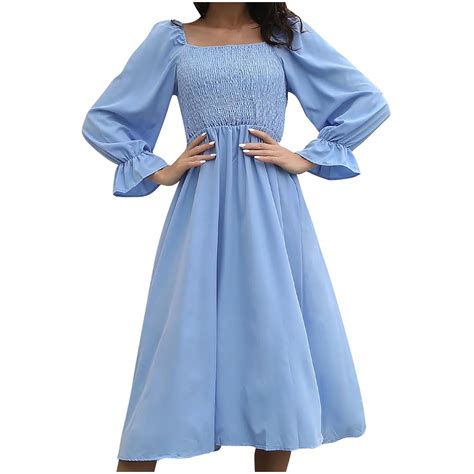 Women Smocked Midi Dresses Ruffle Lantern Long Sleeve Square Neck Flowy