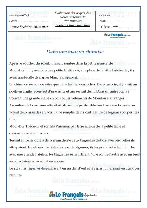Examen Lecture Compr Hension N Me Ann E Me Trimestre Le