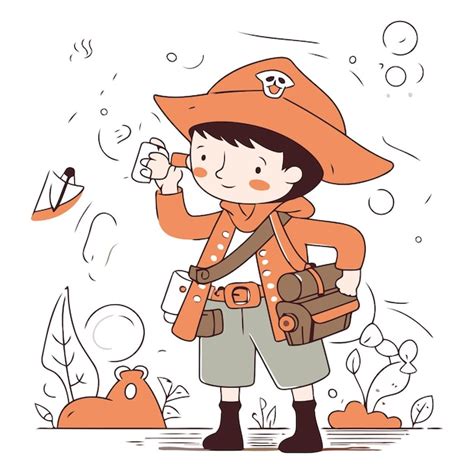 Niño explorador con mochila y mapa al estilo de dibujos animados